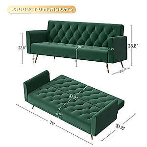 DAMAIFROM 71" Velvet Futon Sofa Bed, Modern Convertible Sleeper Sofa Loveseat, Tufted Futon Couch with Metal Legs for Small Living Room Office Bedroom, Green