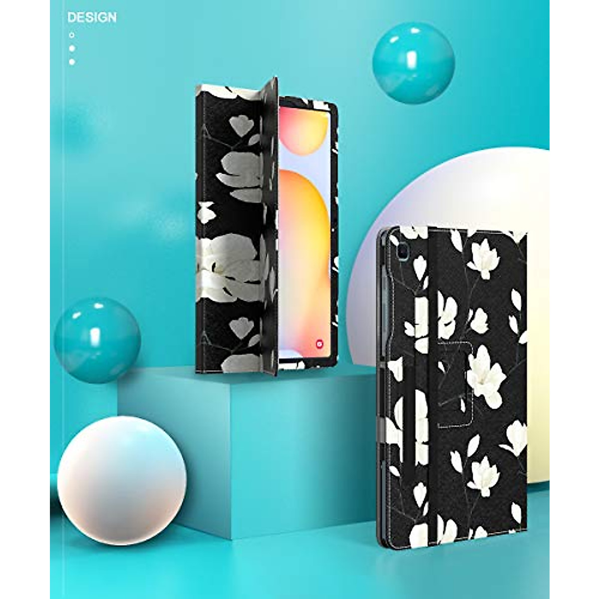 MoKo Case Compatible with Galaxy Tab S6 Lite 2020, Slim PU Tablet Shell Cover Stand Case with Auto-Wake S-Pen Holder Fit Samsung Galaxy Tab S6 Lite 10.4 2020 SM-P610/P615 ONLY - Black & White Magnolia