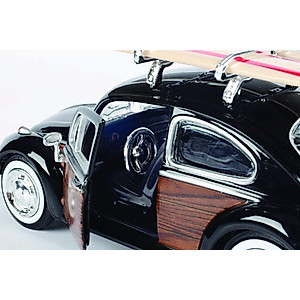 Toy Cars 1966 VW Beetle Black with Wood Panels and Two Surfboards on Roof Rack 1/24 Diecast Model Car by Motormax 79591