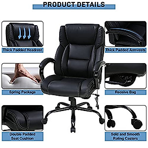 Big and Tall Office Chair Ergonomic Desk Chair with Lumbar Support Massage, Heavy Duty 500 lbs Wide Seat Computer Chair with Armrest, PU Leather Swivel Task Chair, Black