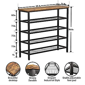 Topfurny Shoe Rack, Industrial Shoe Storage Organizer, Large 5-Tier Metal Shoe Rack Shelves with Wood Board, Entryway Table for Hallway, Living Room, Closet, Bedroom