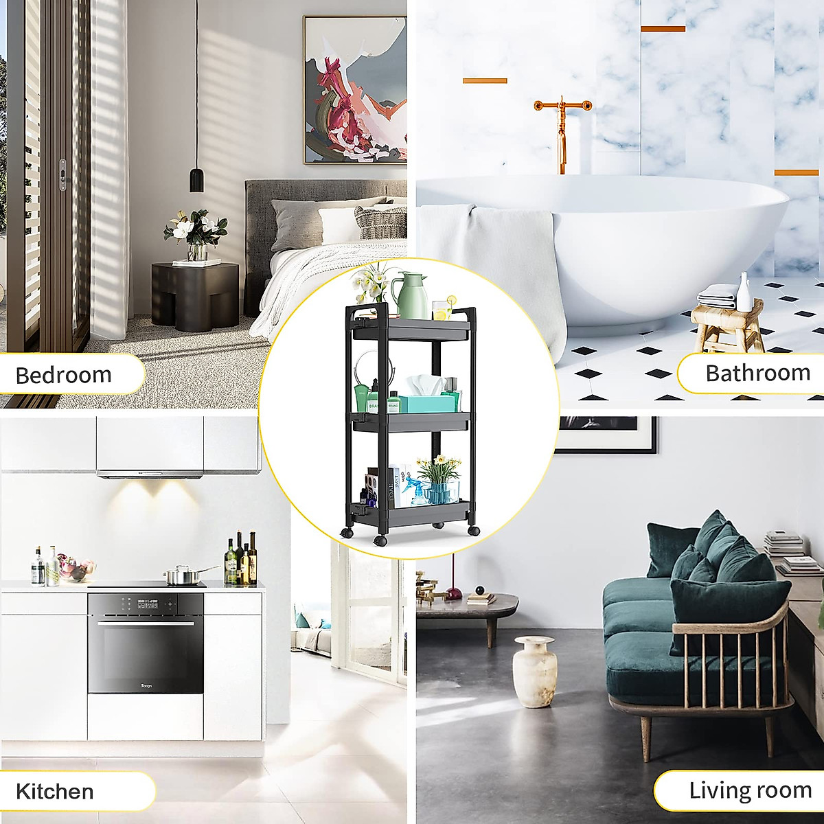 3 Tier Utility Rolling Cart, Rolling Storage Cart with Lockable Caster Wheels, Detachable Bathroom Organizer Cart with Handle, 8 Hanging Hooks, Easy Assembly, for Kitchen, Bathroom, Office, Black