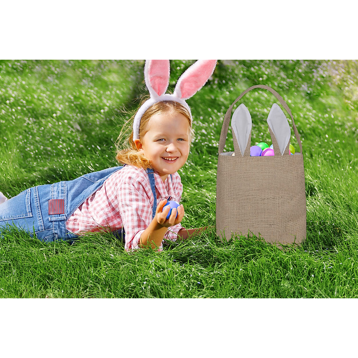 Easter Egg Hunt Basket Bag - Bunny Rabbit Ear Design - Reusable Grocery Shopping Baskets - Kids Party Gift Bags - Baby Shower & Book Storage by Jolly Jon (Burlap/White Ears)