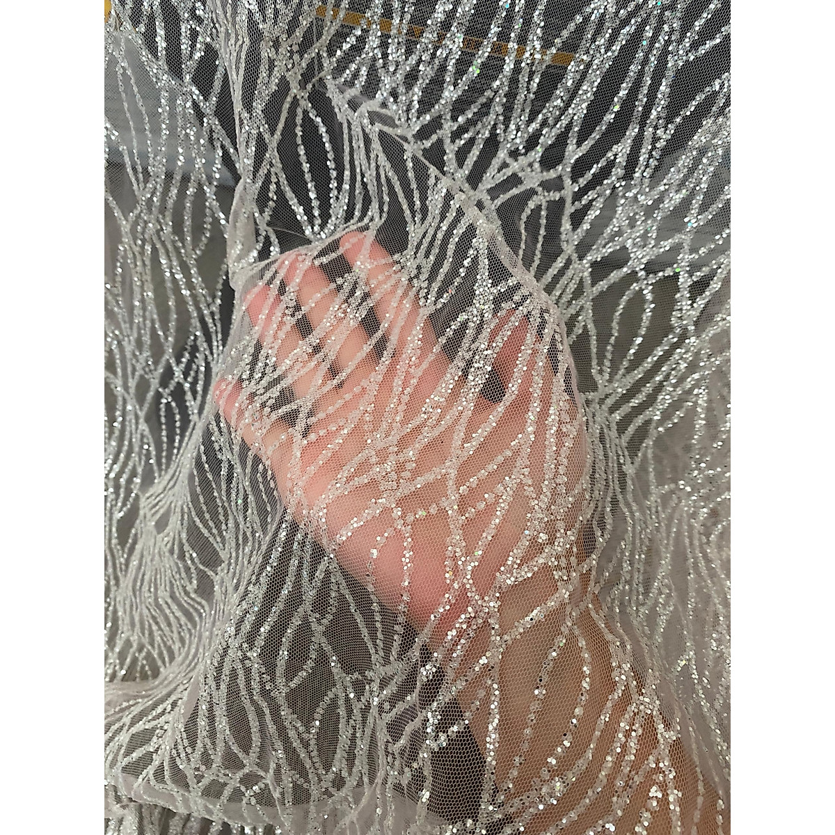 Glitter Wave Lace Fabric by The Yard - Perfect for Wedding Decorations, Bridal Shower, Wedding Tablecloth - Glitter Veil, and Elegant Crafts - 58 inch - 1 Yard (Silver White)