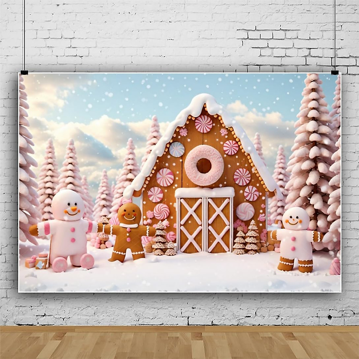 Yeele 10x8ft Christmas Village Photography Backdrop Cartoon Pink Gingerbread Man Cookie House Background Winter Snowfall Forest Scene Kids Family Xmas Party Decor Supplies