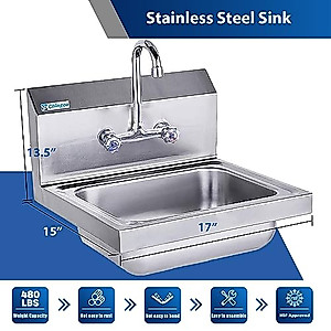 Chingoo Stainless Steel Sink with Faucet,Commercial Wall Mount Hand Basin for Washing for Restaurant, Kitchen and Home, 17 x 15 Inches