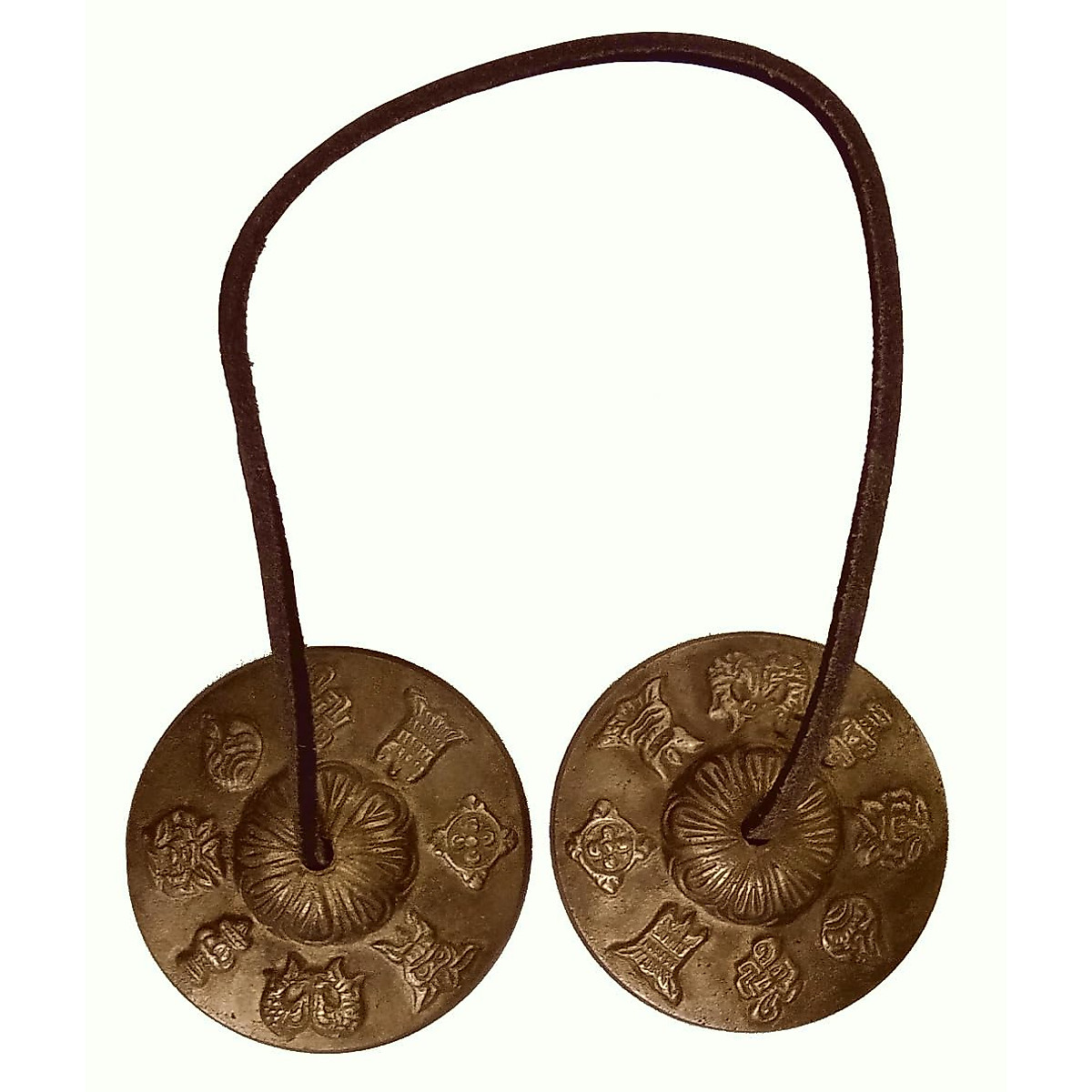 Purpledip Brass Tingsha Bell Holy Symbols: Buddhist Tibetan Handheld Cymbals Chimes Manjeere Musical Instrument For Prayer Meditation, 3 Inches (10679)