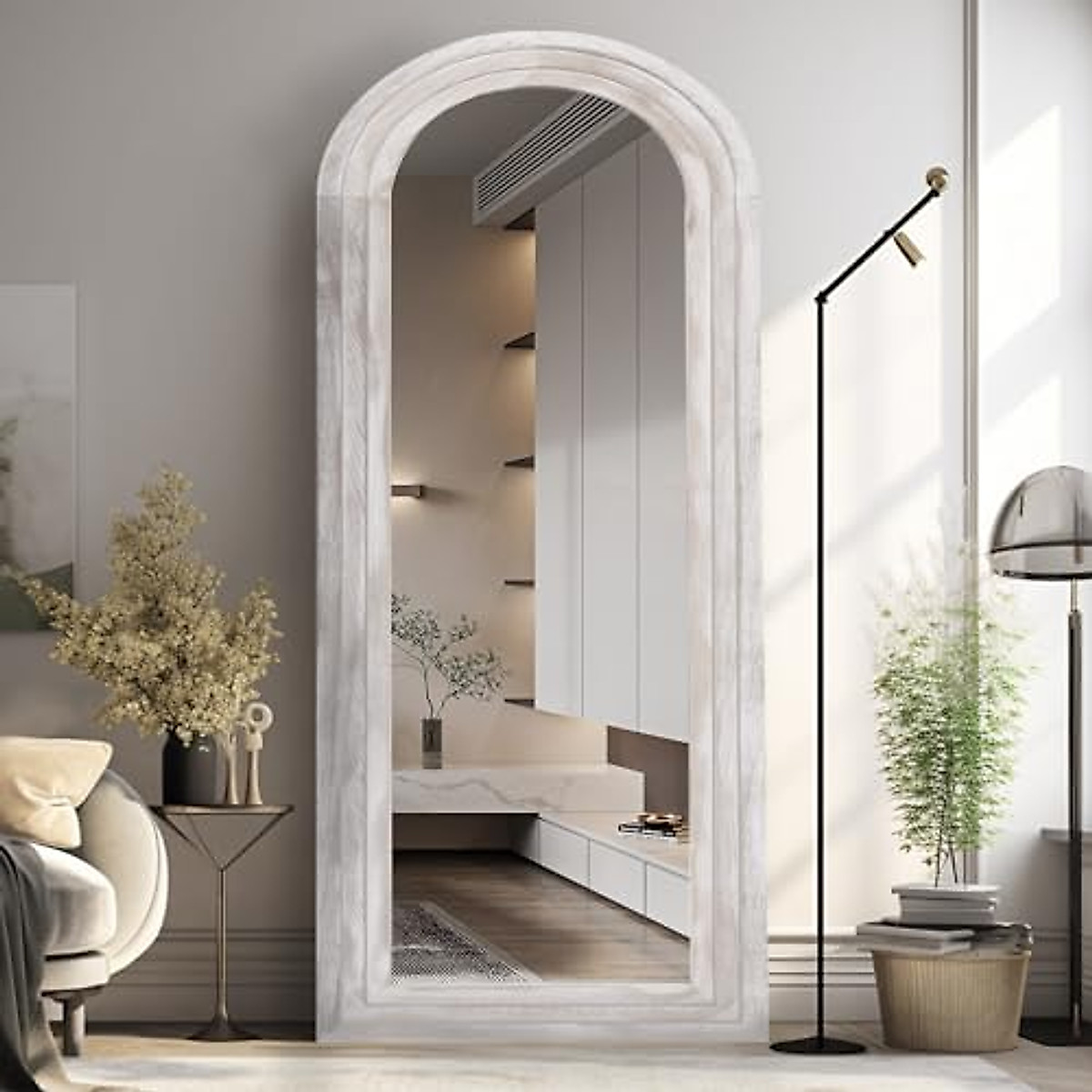ZHUNFA Arched Full Length Mirror with Solid Wood Frame, 65x22 Farmhouse Wall Mirror Full Length with Stand, Rustic White