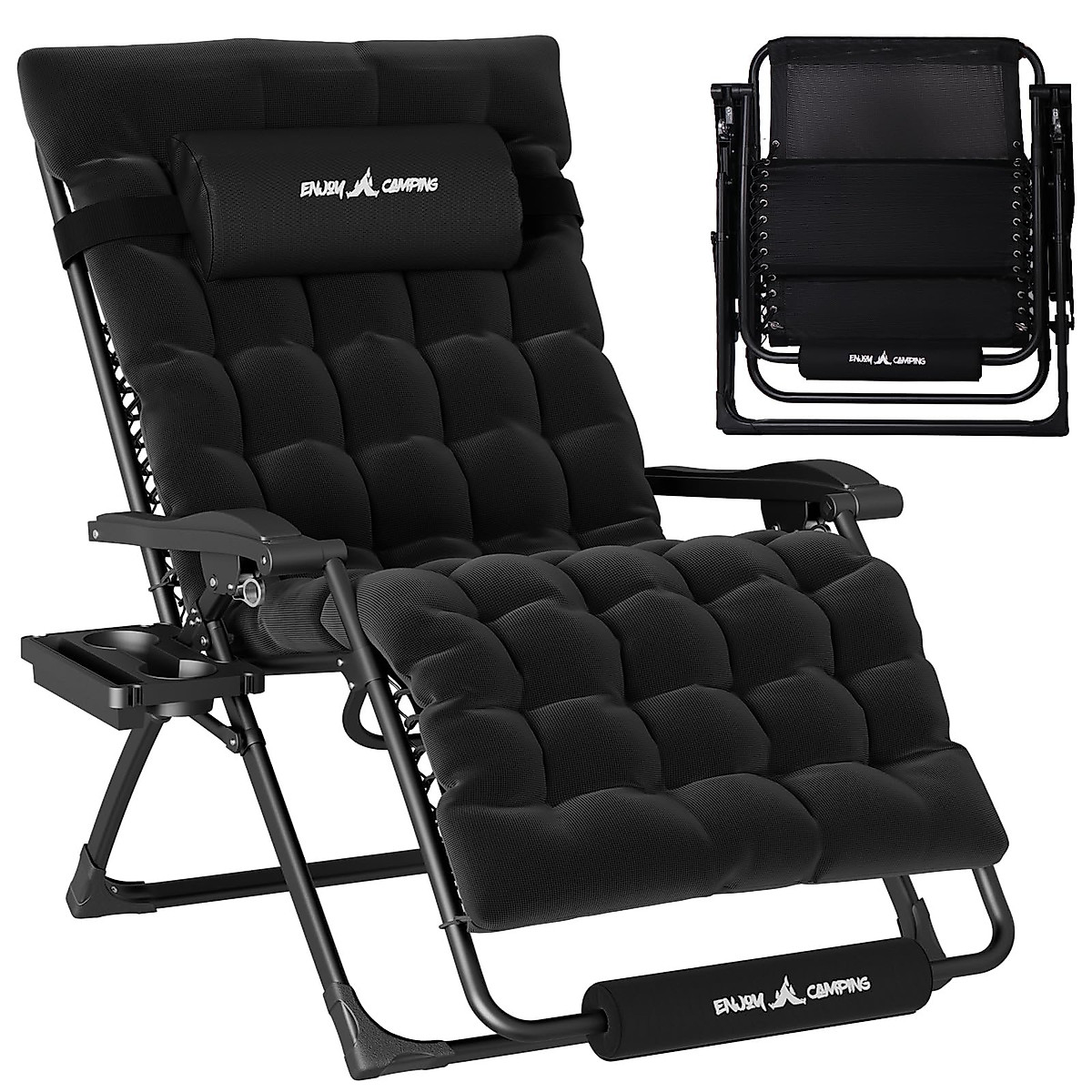 Amopatio Oversized Zero Gravity Chair with Cushion for Indoor & Outdoor, XXL 33In Patio Folding Reclining Lounge Chair with Tray/Footrest/Headrest, Black