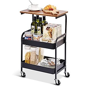 TOOLF Utility Cart with Wooden Table Top, 3-Tier Metal Storage Cart, Black Trolley Kitchen Organizer Rolling Desk with Locking Wheels for Office, Classroom, Home