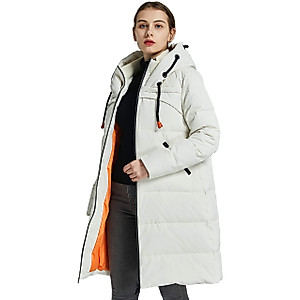 Orolay Women's Thickened Contrast Color Drawstring Down Jacket Hooded Parka Long Puffer Coat White L