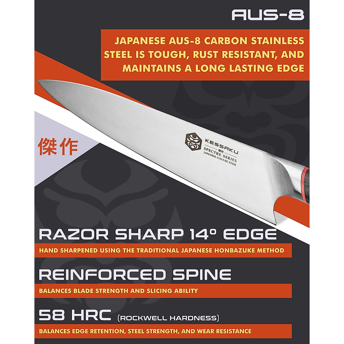 KESSAKU 8-Inch Chef Knife - Spectre Series - Forged Japanese AUS-8 High Carbon Stainless Steel - Pakkawood Handle with Blade Guard