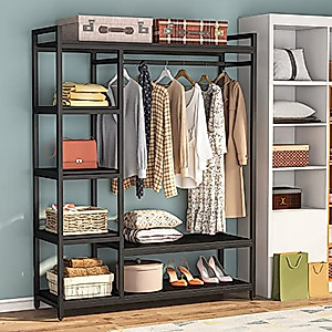 LITTLE TREE Free-Standing Closet Organizer, Heavy Duty Clothes Closet, Portable Garment Rack with 6-Tier Shelves and Hanging Rod, Black Metal Frame & White Board (Black&Black)