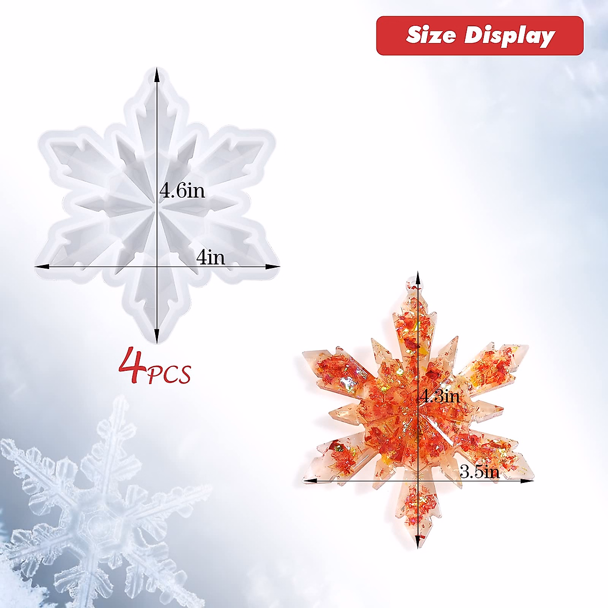 HUAKENER Christmas Resin Molds Silicone - 4 Pcs Big Snowflake Resin Mold, Christmas Ornament Resin Molds for Xmas Winter Decoration