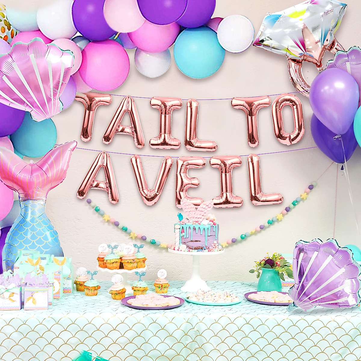 LaVenty 126 PCS Tail To Veil Bachelorette Decoration Mermaid Bachelorette Decoration Tail To Veil Balloons Bride To Be Sash for Mermaid Engagement Bridal Shower Party Blue Tinsel Curtain