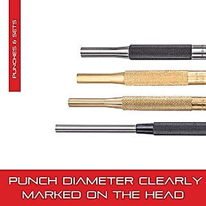 Starrett Drive Pin Punch Set with Knurled Grip in Round Red Plastic Box - 4" Length, 1/16", 3/32", 1/8", 5/32", 3/16", 7/32", 1/4", 5/16" Punch Diameter, Set of 8 - S565WB