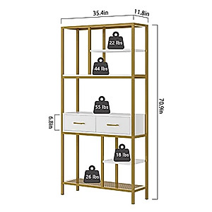 HITHOS Bookshelf, Tall Bookcase with 2 Drawers and Storage Shelves, Industrial Etagere Bookcase Book Shelves for Office, Living Room, Bedroom, White/Gold