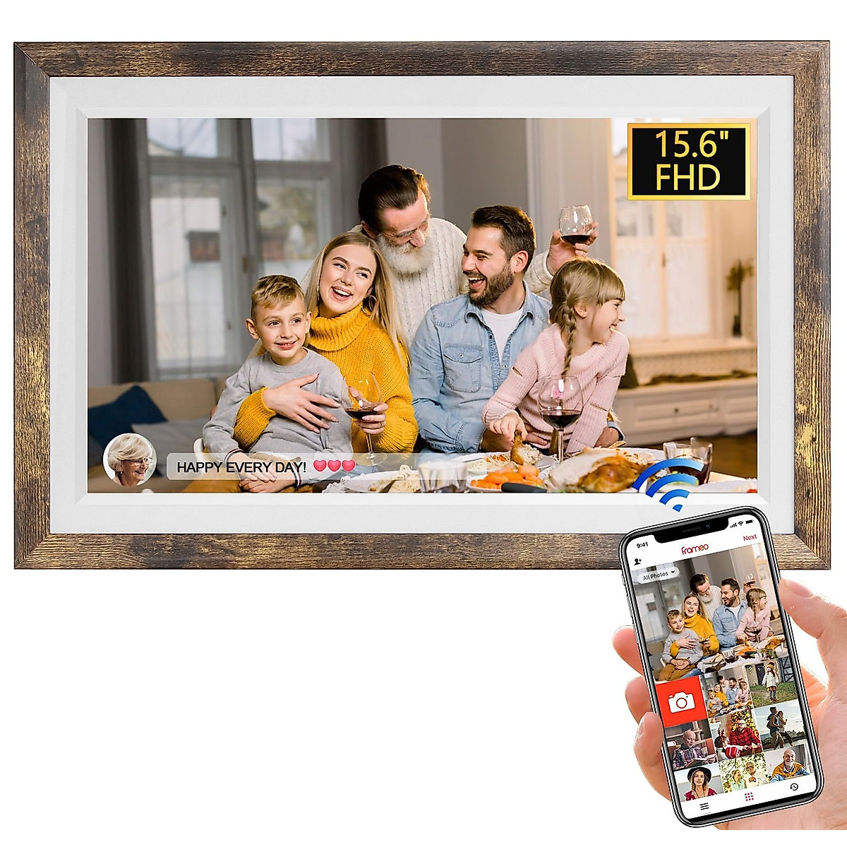 FRAMEO 15.6'' WiFi Digital Picture Frames 32GB Smart Touch Screen Digital Photo Frame 1920 * 1080 IPS FHD Large Digital Picture Frame Share Photos and Videos Anytime, Anywhere with The FRAMEO app