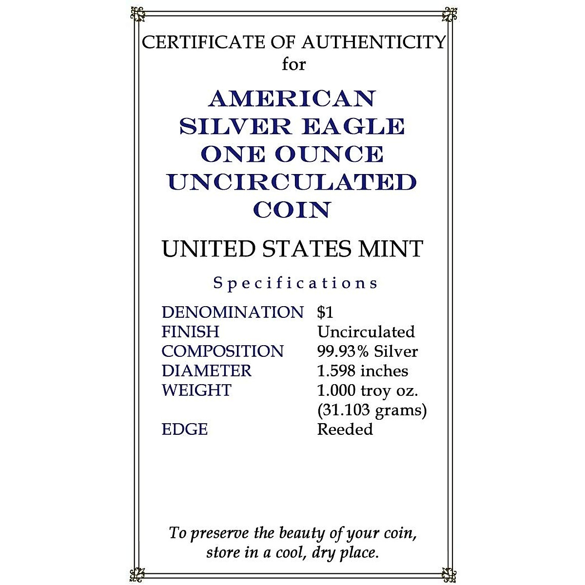 2019 - American Silver Eagle .999 Fine Silver with Our Certificate of Authenticity Dollar Uncirculated US Mint