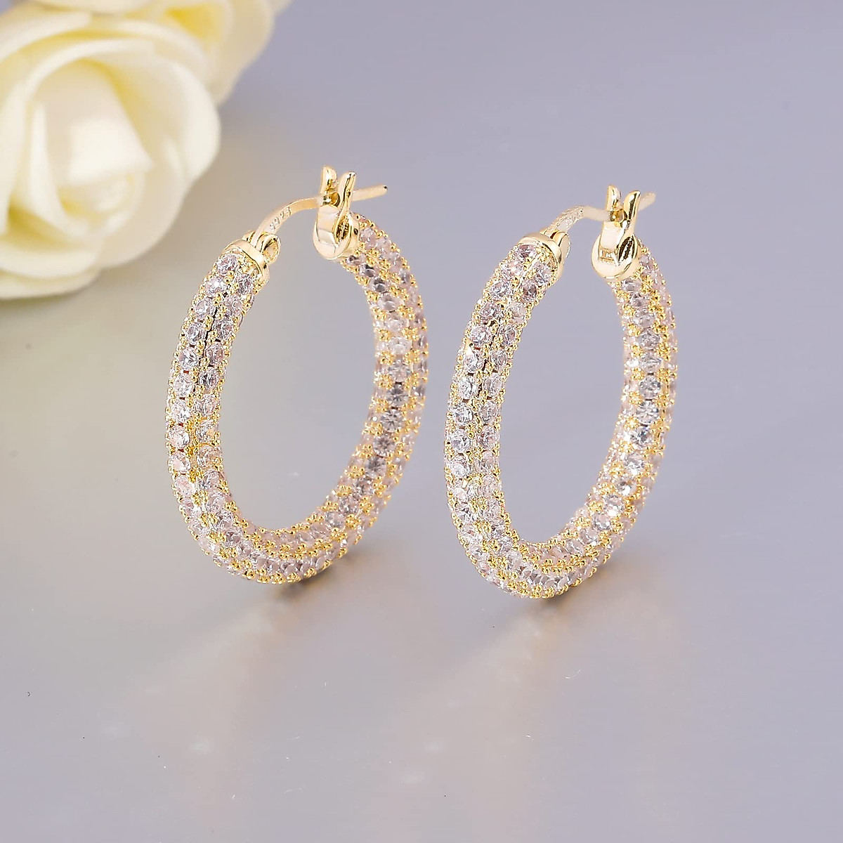 CiNily Hoop Earrings for Women, 925 Sterling Silver Earrings Hypoallergenic 14K Gold Plated Lightweight White Cubic Zirconia Chunky Open Hoops Jewelry 1.2"