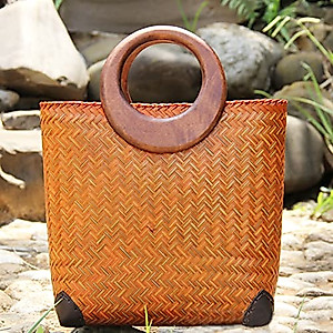QTKJ Straw Bag for Women, Summer Beach Handmade Rattan Tote Bag, Round Wooden Handle, Boho Retro Straw Woven Handbag, Large Beach Vacation Bag (Yellow)