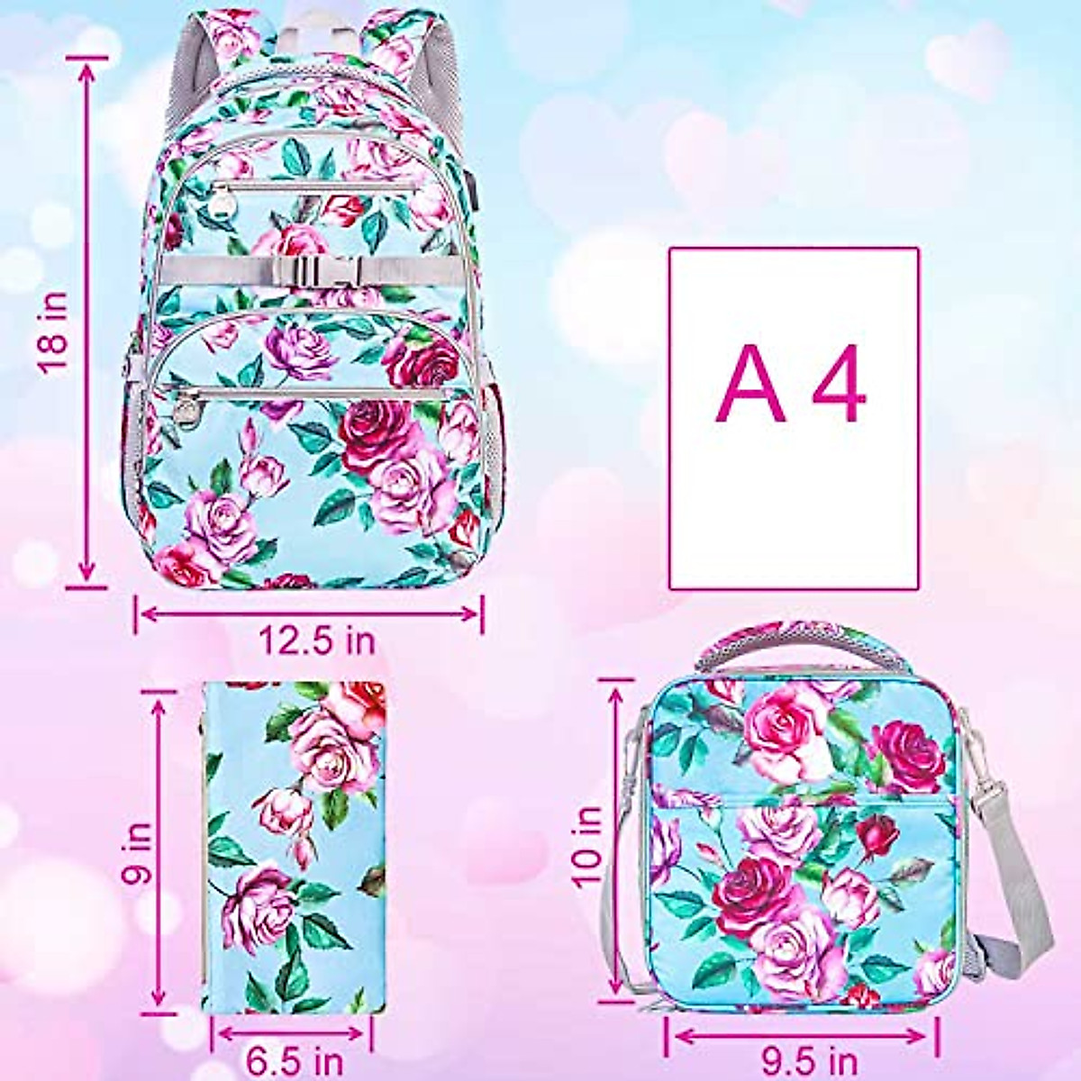 ZLYERT Laptop Backpack, 16 Inch School Bag College Bookbag, Anti Theft Daypack Bags and Lunch Bag Set, Water Resistant Rose Flowers Backpacks for Teens Girls Women Students