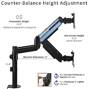 VIVO Dual Monitor Arm Mount for 17 to 32 inch Screens - Pneumatic Height Adjustment, Full Articulating Tilt, Swivel, Heavy Duty VESA Stand with Desk C-clamp and Grommet Option STAND-V002K