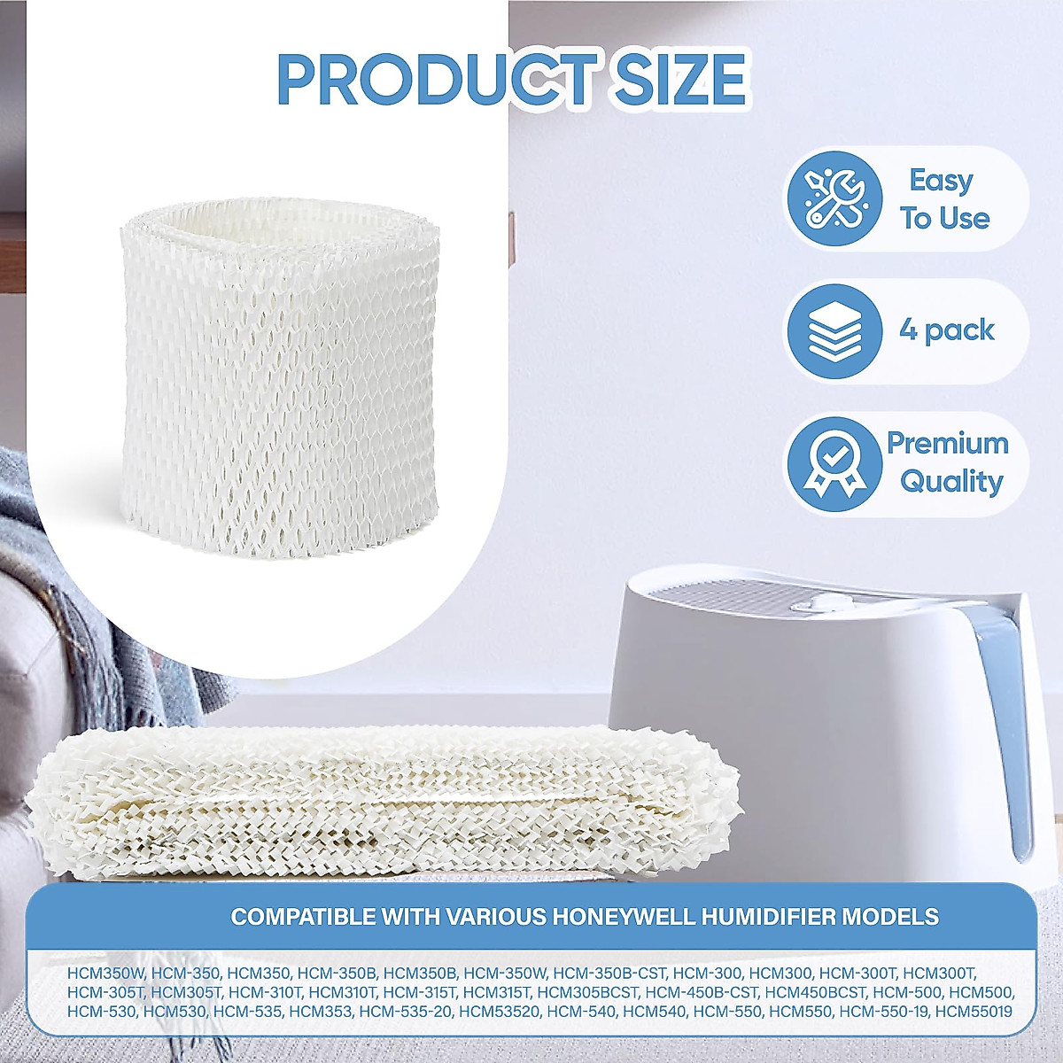 LBLVBNEWD 4 Pack HAC-504 Humidifier Wicking Filter Compatible with Honeywell HCM-350,HCM-300T, HCM-600, HCM-710, HCM-315T,HAC-504 and HAC-504AW Cool Mist Humidifiers, Replacement Filter A