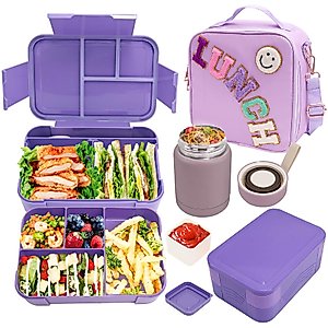 Preppy Lunch Box for Girls with 10oz Thermo, with 6 Compartment Bento Box, Purple Nylon Insulated Lunch Bag Adjustable Strap for Girl Kids Teens School Travel Picnic