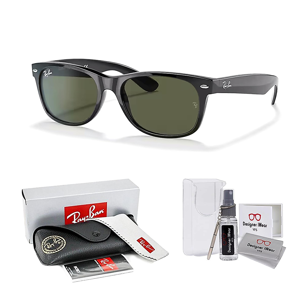 Ray-Ban RB2132 NEW WAYFARER Square Sunglasses For Men For Women + BUNDLE with Designer iWear Eyewear Kit (Black/Crystal Lens Clear Blue)
