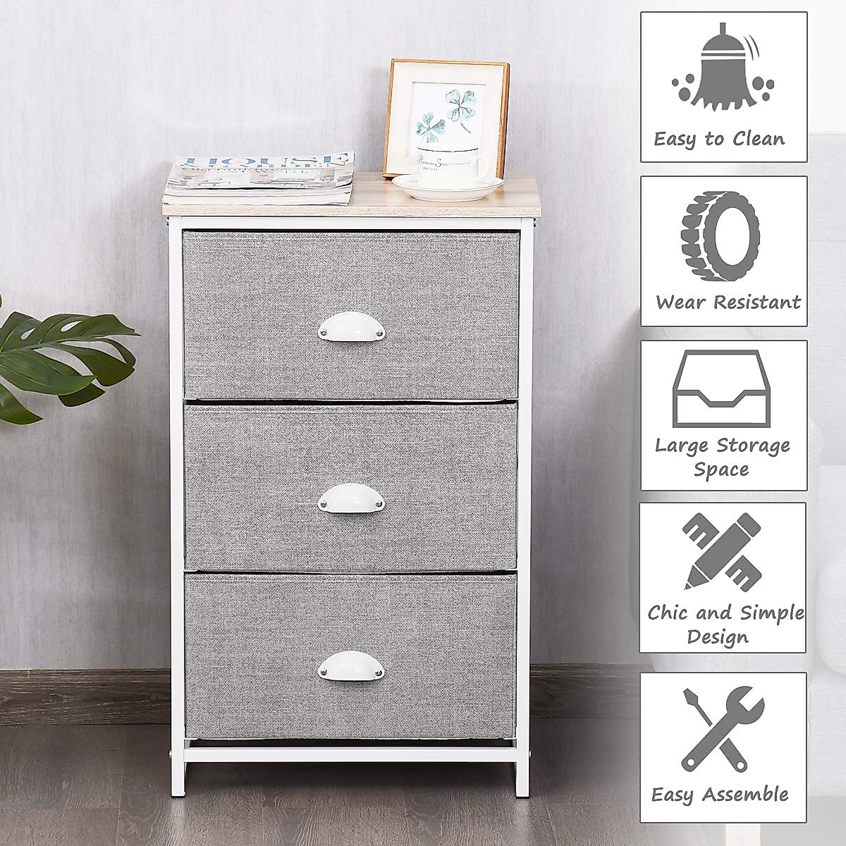 Giantex Dresser Storage Tower Nightstand W/Fabric Drawers, Sturdy Steel Frame and Wood Top Organizer Unit for Bedroom, Living Room, Entryway,Closets End Table Storage Unit (29’’(H), White)