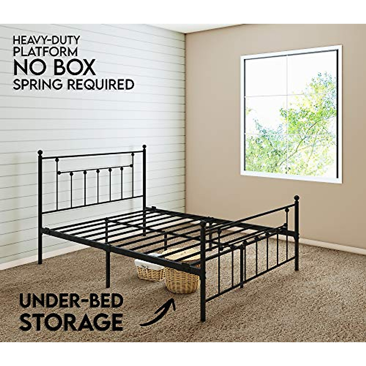 AMBEE21 Victorian Queen Metal Bed Frame with Headboard and Footboard Platform/Wrought Iron/Heavy Duty/Solid Sturdy Metal Slat/Black/No Box Spring Needed/Mattress Foundation/Under Bed Storage