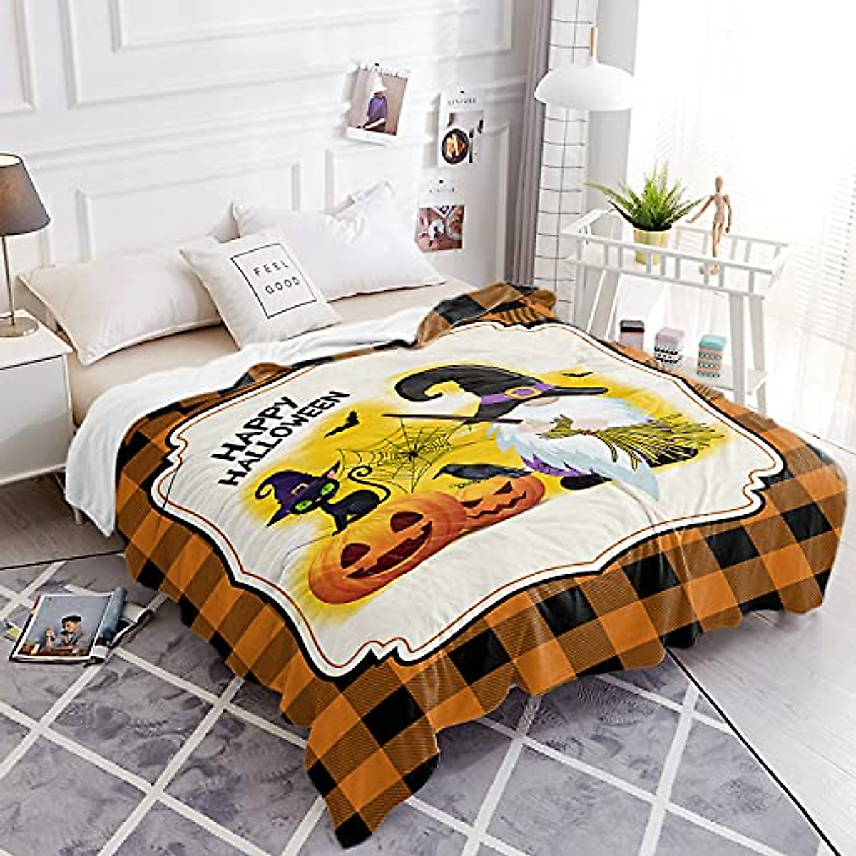Throw Blanket- Halloween Soft Warm Plush Fleece Bed Throw,50x60In Flannel Blankets Glowing Gnome with Pumpkins Cats Bedding Throws for Women/Men Bedroom Living Room Office Decor Buffalo Gingham