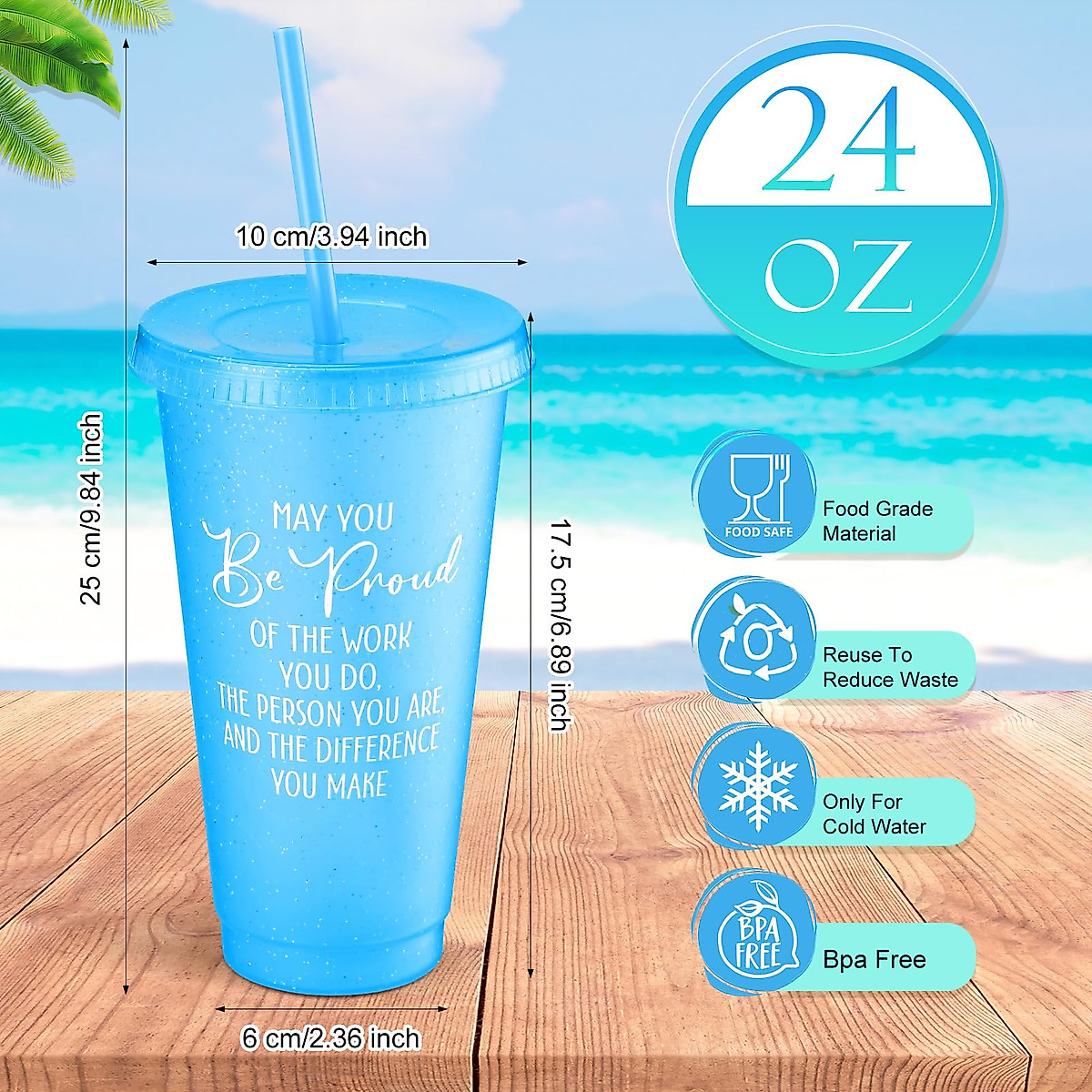Gerrii Thank You Gift May You Be Proud Of The Work You Do Plastic Tumblers with Straws Lid Inspirational Reusable Glitter Plastic cup Travel Mug Appreciation Gift for Coworker Employee(24 oz, 24 Pcs)