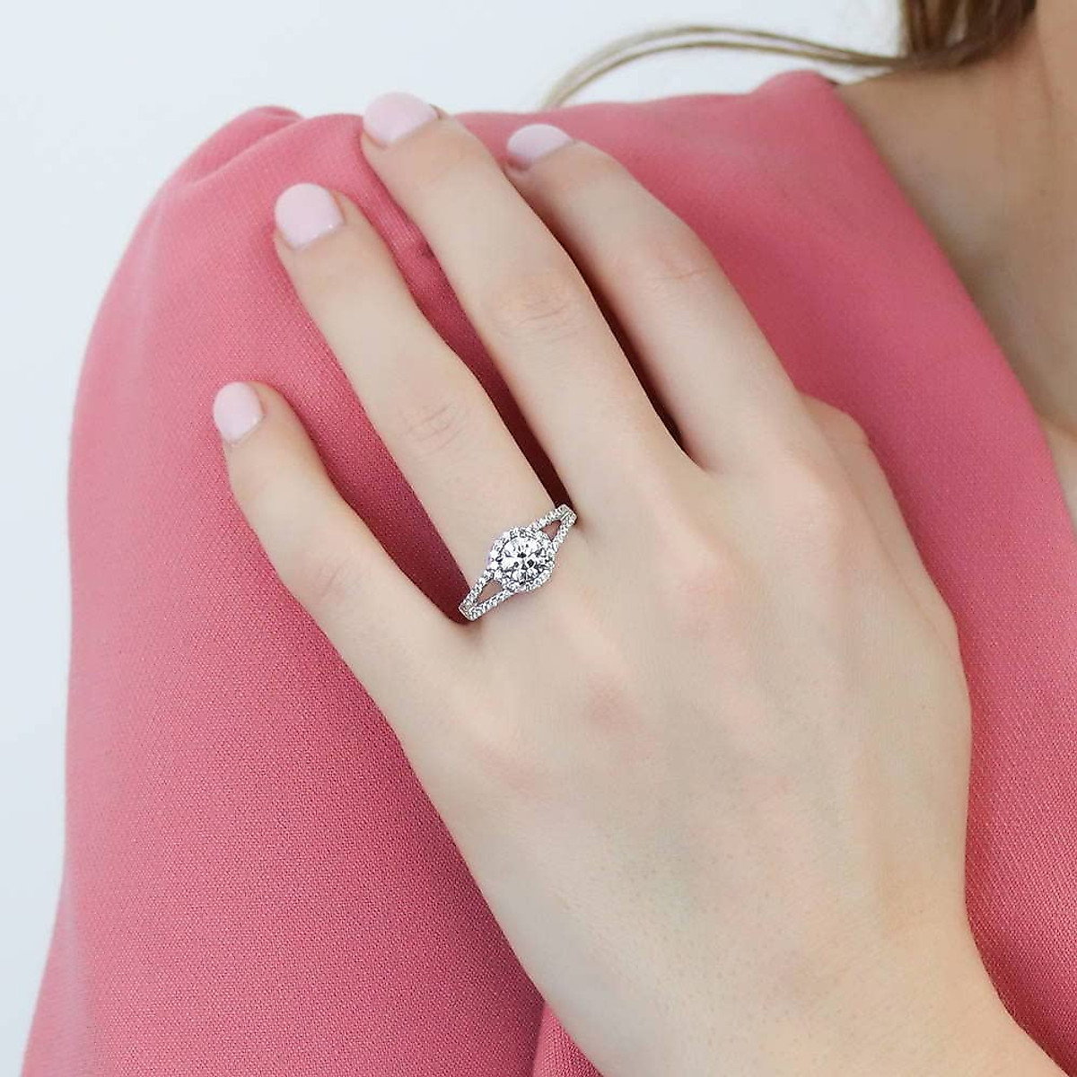 BERRICLE Sterling Silver Halo Wedding Engagement Rings Round Cubic Zirconia CZ Promise Split Shank Ring for Women, Rhodium Plated Size 7