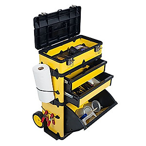 Stackable Rolling Tool Box Organizer with Telescopic Comfort Grip Handle – Mobile Upright Rigid Tool Chest with Wheels and Drawers by Stalwart