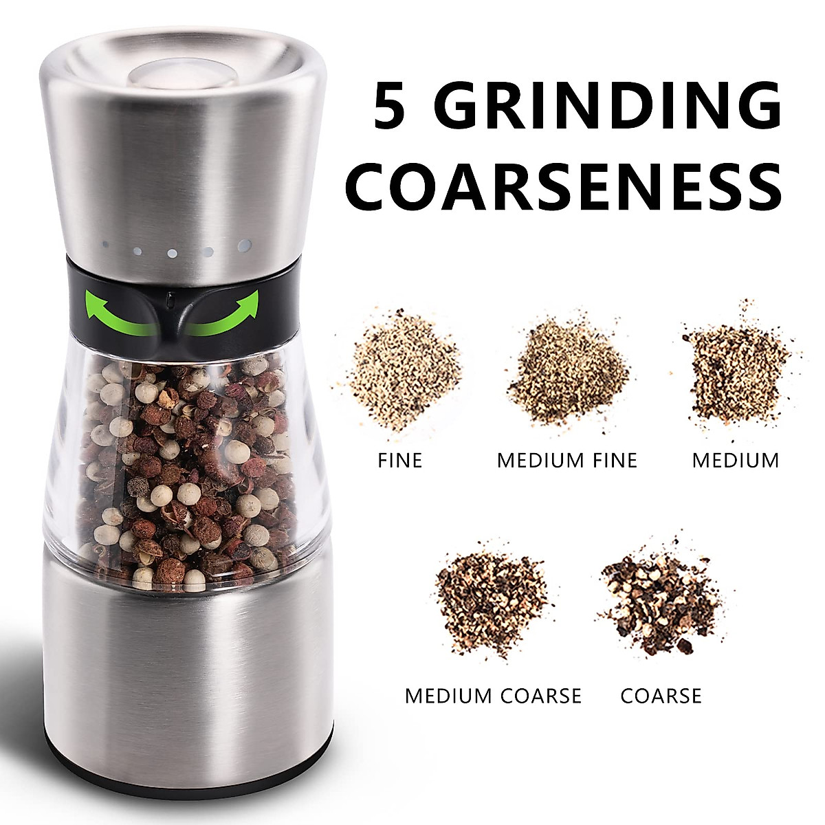 Pepper Grinder, Professional Refillable Pepper Mill with 5 levels Adjustable Coarse Mills, Salt Grinder Stainless Steel Sea Salt &amp; Spice Shakers