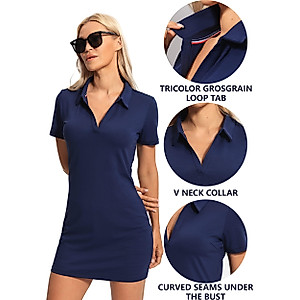 Hiverlay Golf Dresses for Women with Shorts and Pockets, V-Neck Short Sleeve Tennis Dress, Workout Athletic Dresses Navy Large