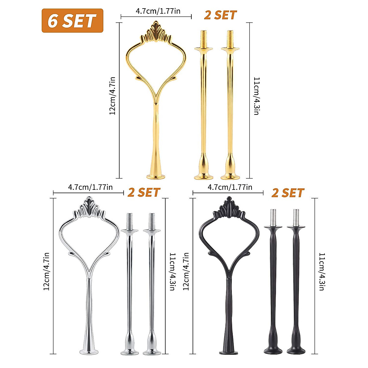 6 Set Tiered Tray Hardware for Cake Stand Mold Crown 3 Tier Cake Stand Fittings Hardware Holder for Wedding and Party Making Resin Cupcake Dessert Platter Serving Stand (Gold & Black & Silver)