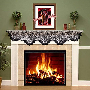 FunisFun Halloween Fall Thanksgiving Lace Fireplace Mantle Scarf Cover, Cloth Runner Door Window Curtain Kitchen Decorations Gothic Festival Party Decor (Bat, Bat, 20*80")