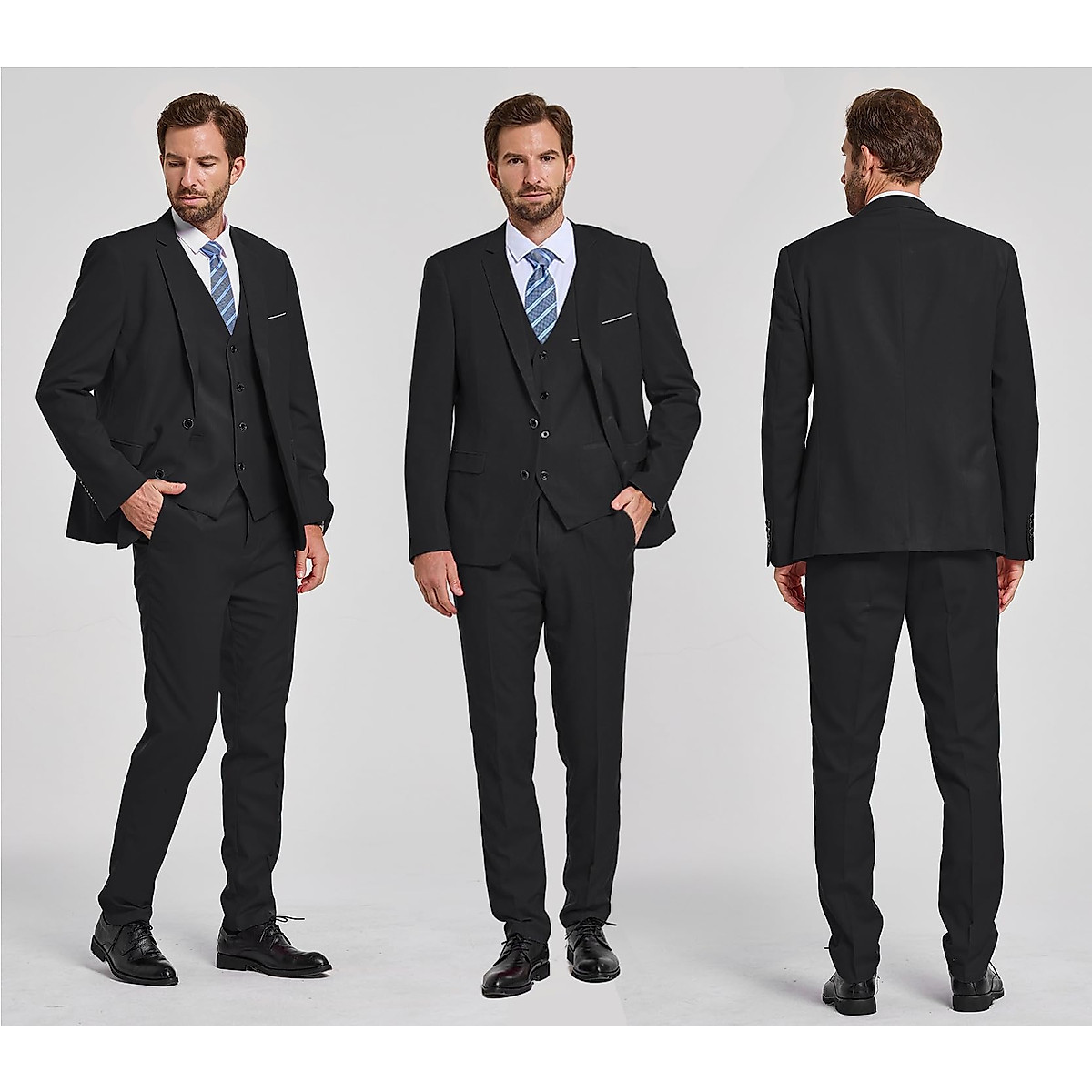 YND Men's Slim Fit 2 Button 3 Piece Suit Set, Blazer Jacket Vest Pants and Tie, Solid Wedding Dress Tux and Trousers Black