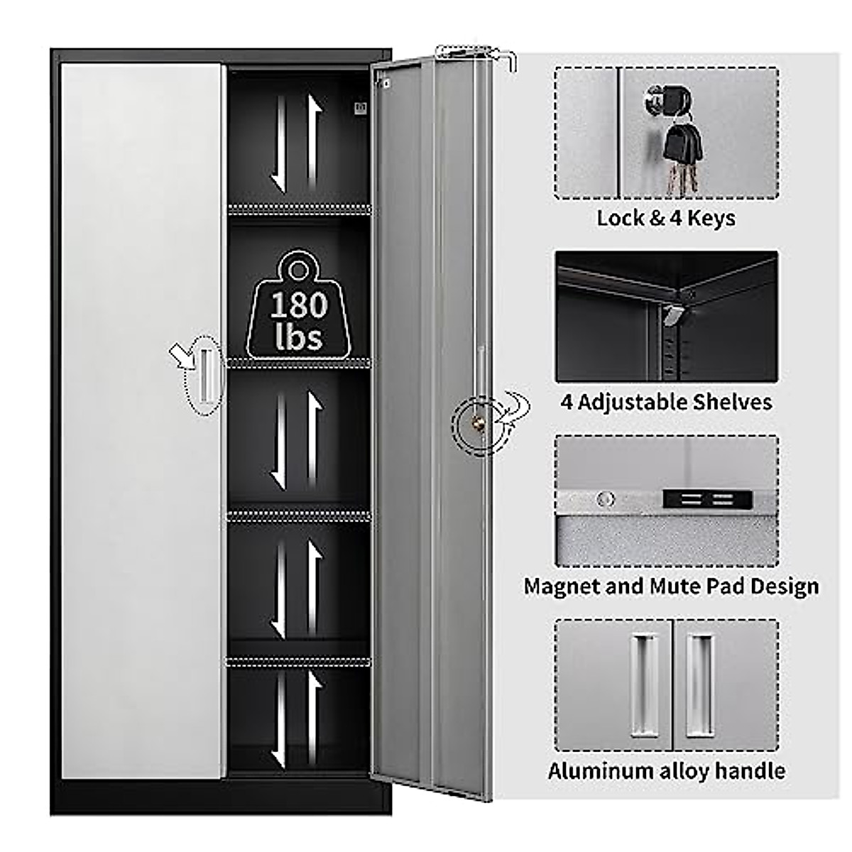 Metal Storage Cabinet, 71" Locking Cabinet with 4 Adjustable Shelves, Large Steel Storage Cabinets for Garage, Home Office, Pantry -Black&Silver Doors