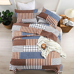 Cinefoso King Size Quilt Set, Brown Blue Striped Bedding Set, Reversible Lightweight Quilt Bedspreads for All Season, 3-Piece