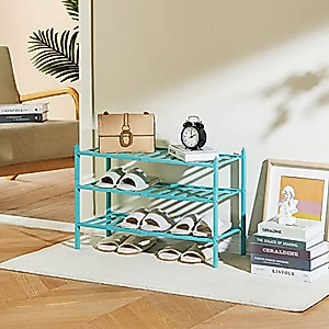 Quiqear Bamboo Shoe Rack, 3 Tier Shoe Rack Organizer, Stackable & Durable Shoe Shelf Holder, Free Standing Shoe Racks, Shoe Storage Organizer for Entryway, Closet, Hallway, 27.2*11*18.3inch (Green)