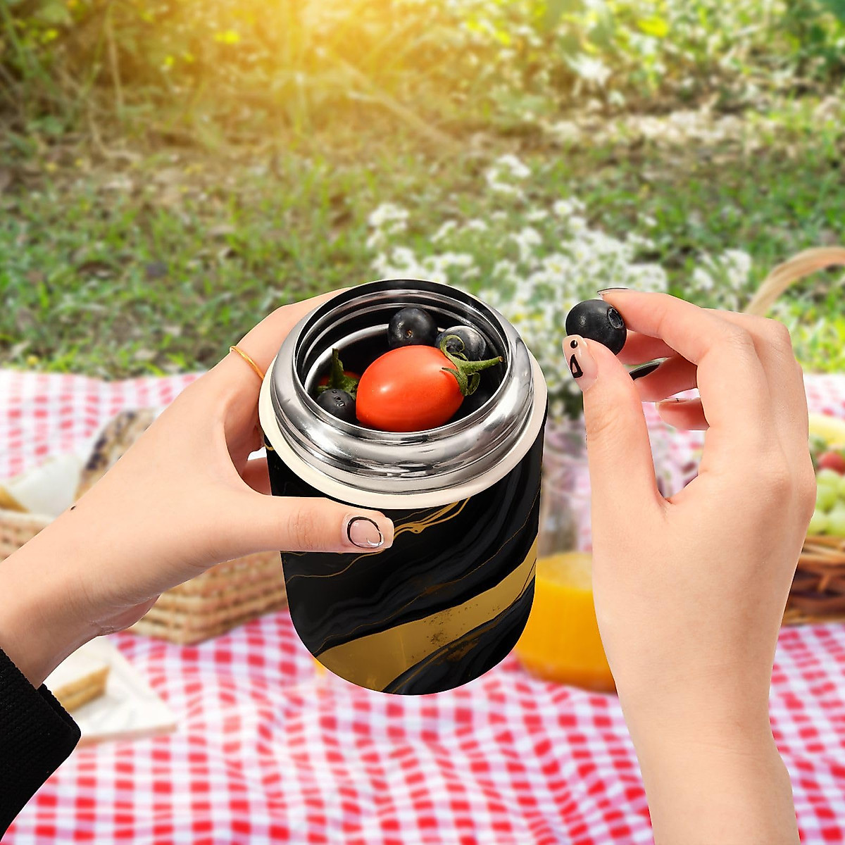 Marble Blue Black Gold Kids Womens Insulated Food Jar Container with Spoon 17oz/500ml Food Containers For Hot Stainless Steel Vacuum Leak Proof Food Containers for Keeps Food Hot