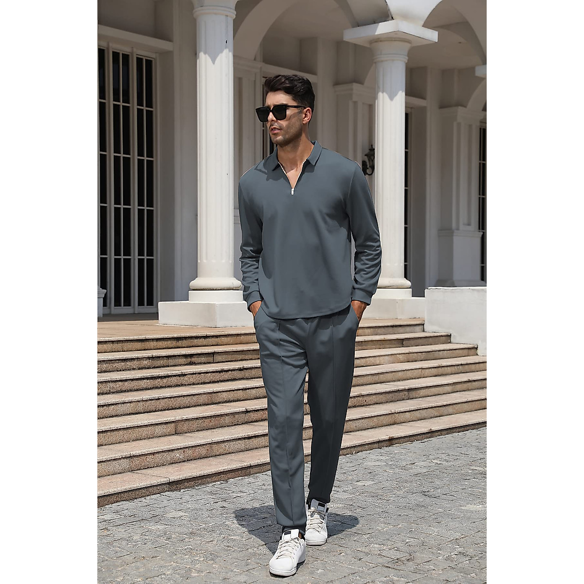 FZNHQL Men's Tracksuits 2 Piece Casual Work Polo T Shirts and Pants Golf Outdoor Running Jogging Outfit Sport Suit Fall Winter Sweatsuit Clothing Dark Grey 3XL