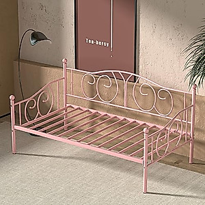 VECELO Metal Daybed Frame Multifunctional Platform Bed Sofa Mattress Foundation with Deluxe Headboard, Twin, Pink