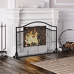 Tangkula 44.5” X 33” Inch Fireplace Screen, Decorative Iron Single Panel Fire Spark Guard Gate w/Metal Mesh, Rustproof Solid Free Standing Fire Screen for Baby or Pet Safe, Outdoor or Indoor Use