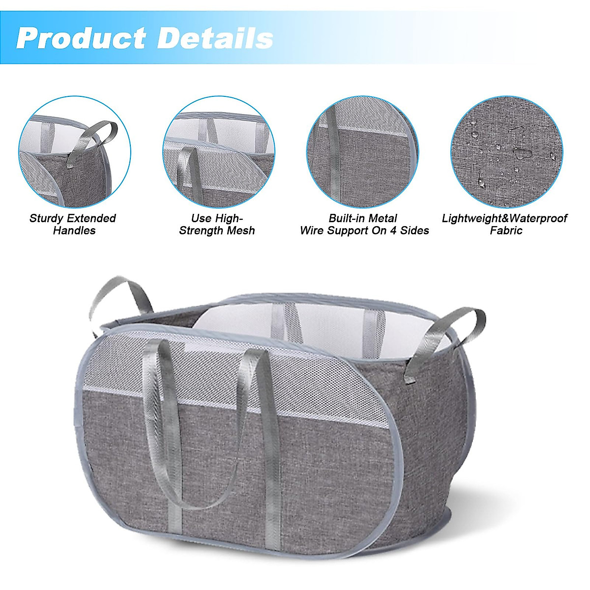 2PCS Collapsible Laundry Baskets, Tear Proof Pop Up Laundry Hamper with Handles, Foldable 65L Large Capacity Dirty Cloths Basket, Lightweight Mesh Clothes Hamper for Home, Laundry Room, Dorm, Travel