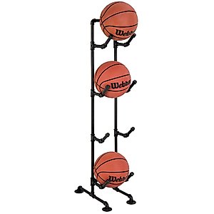 MyGift 4-Tier Rustic Industrial Black Metal Pipe Indoor/Outdoor Basketball, Volleyball, and Sports Ball Storage Organizer Rack